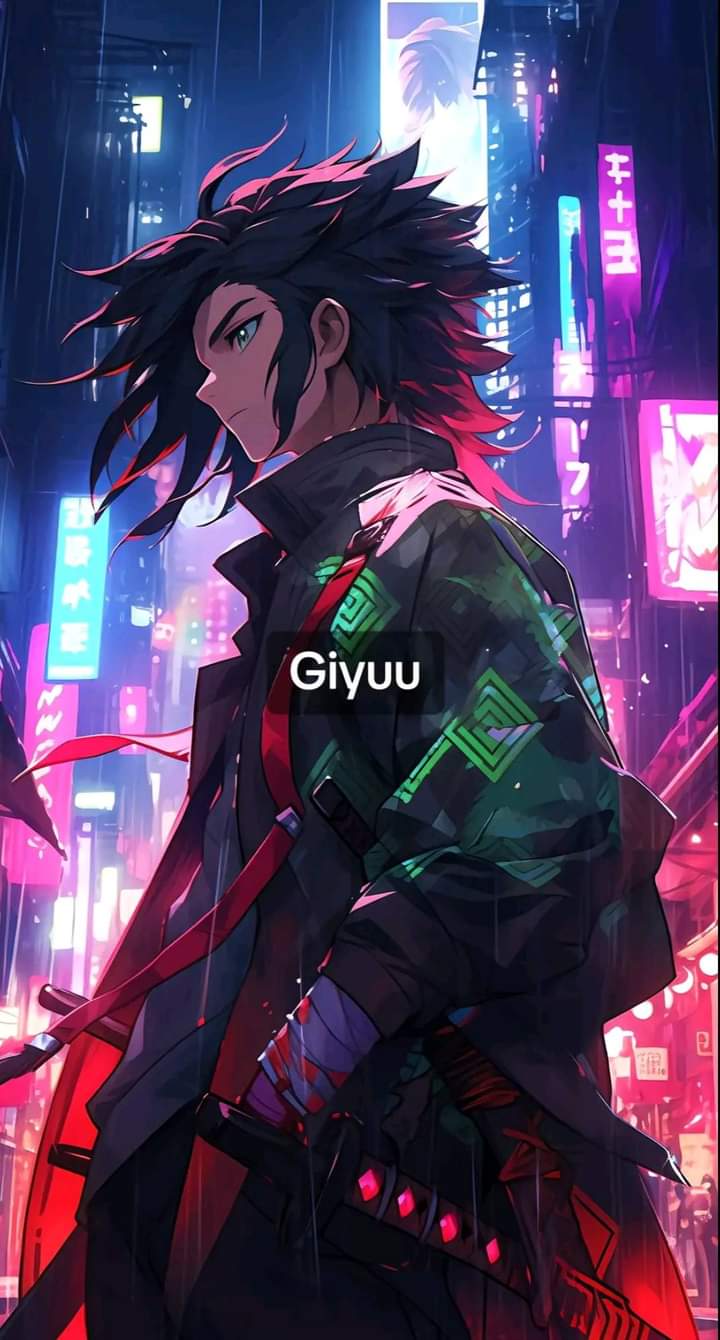 Giyuu in Neon Nights: Demon Slayer Anime Phone Wallpaper