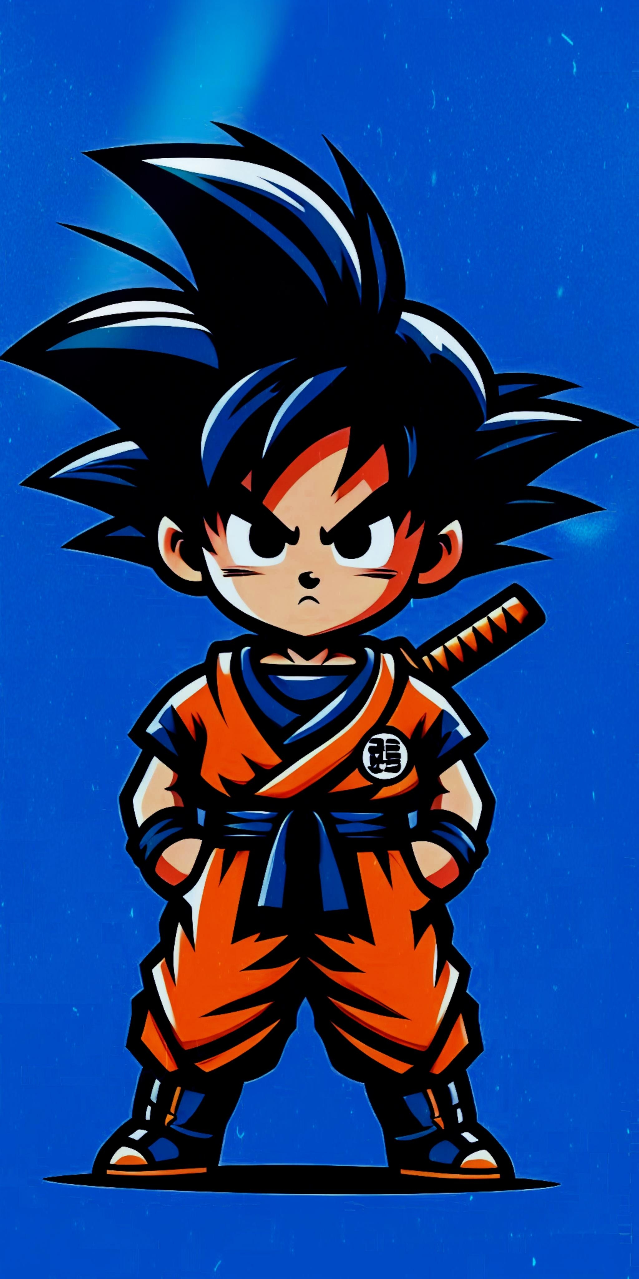 Kid Goku in an orange gi with a sword on his back, set against a blue ...