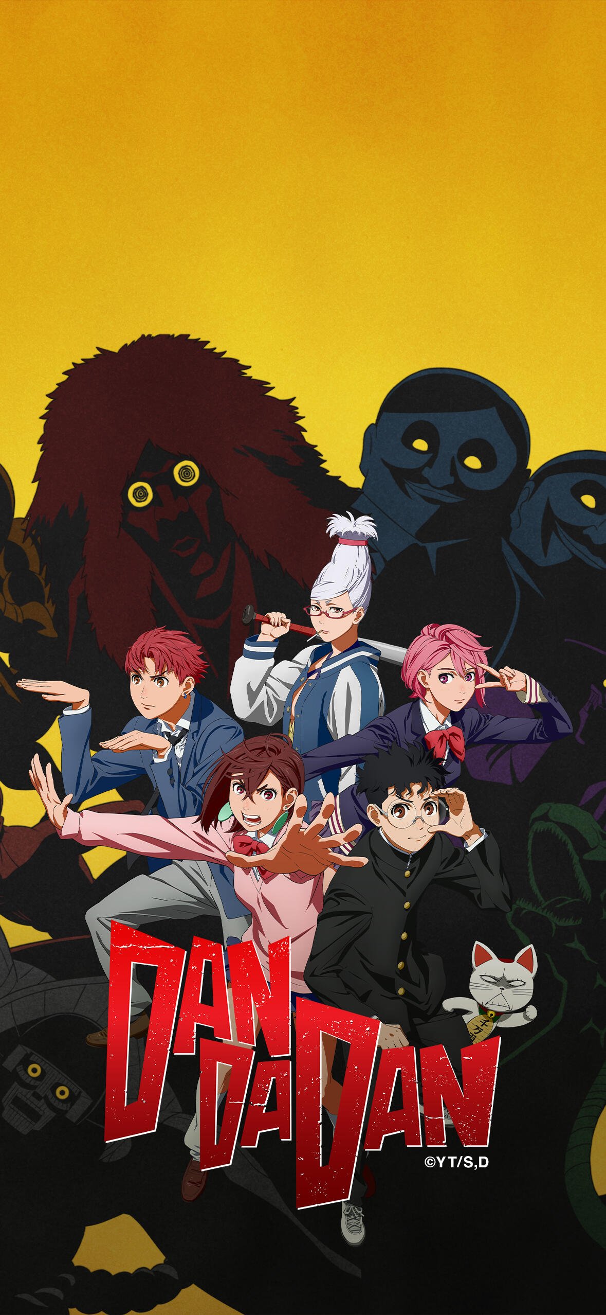 Dandadan Anime Vibes: Bold Characters, Dark Shadows Phone Wallpaper