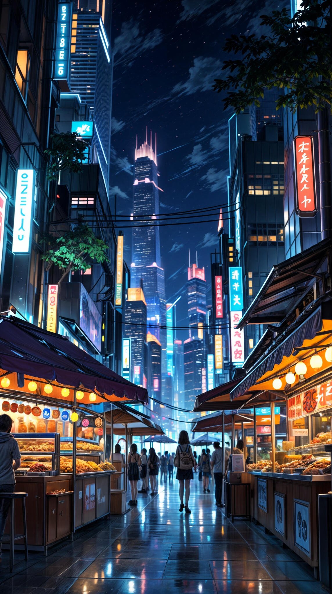 Neon Nights: Anime City Stroll with a Dreamy Girl Wallpaper