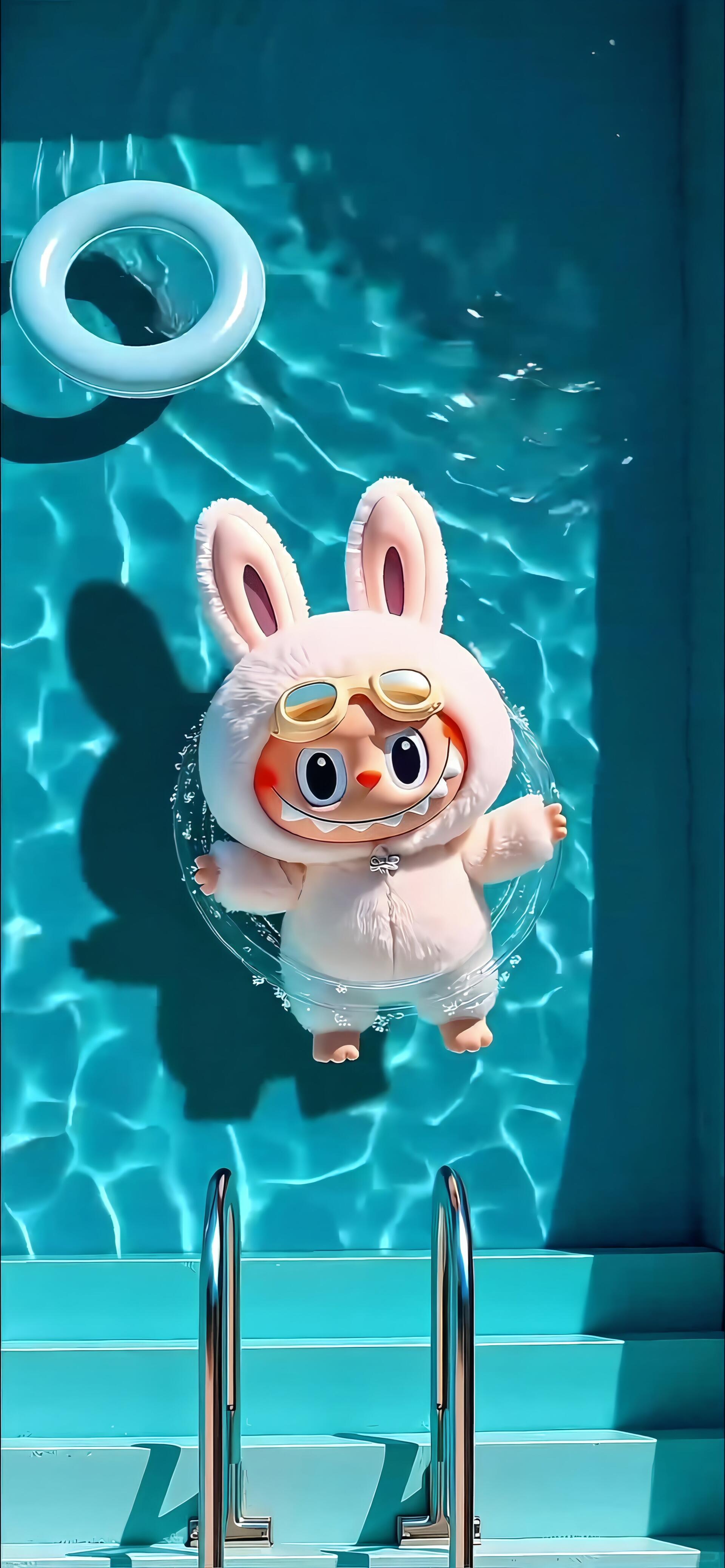 Labubu Bunny Float — Poolside Phone Wallpaper