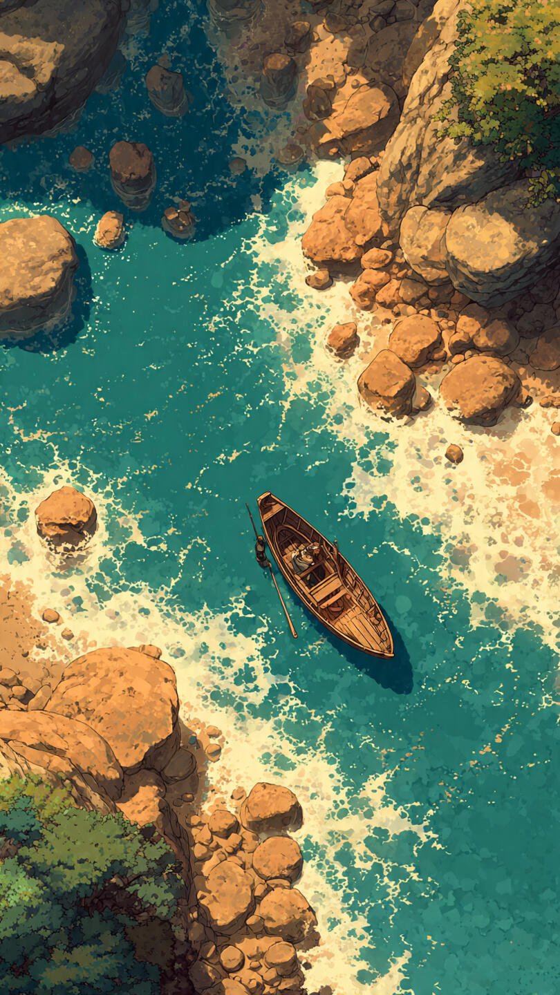 Boat Drifting Through a Rocky Coastal Cove by DO