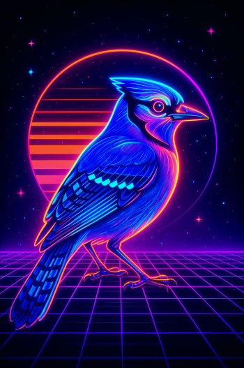 Neon Synthwave Blue Jay — Retro Phone Wallpaper by QuantumCurator
