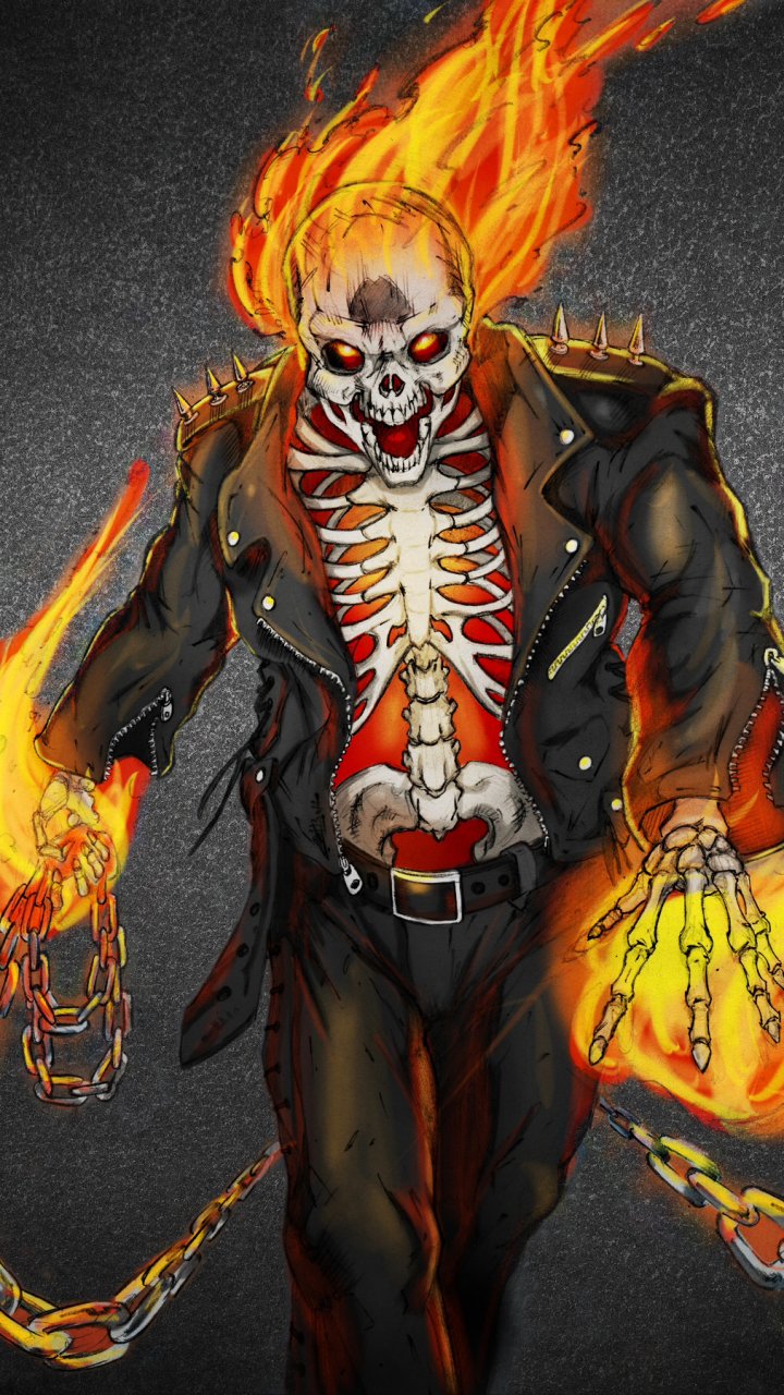 Flaming Skull Ghost Rider: Fiery Leather Chain Comic Wallpaper