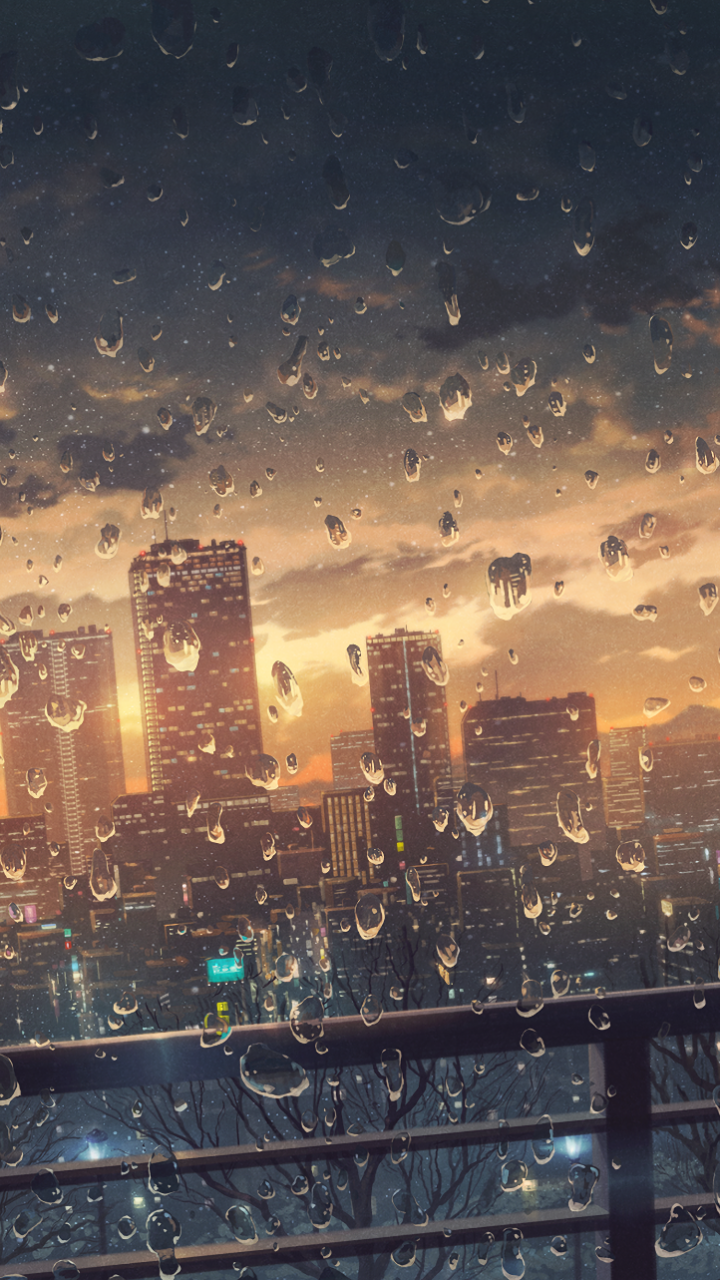 Rainy Anime Cityscape Phone Wallpaper