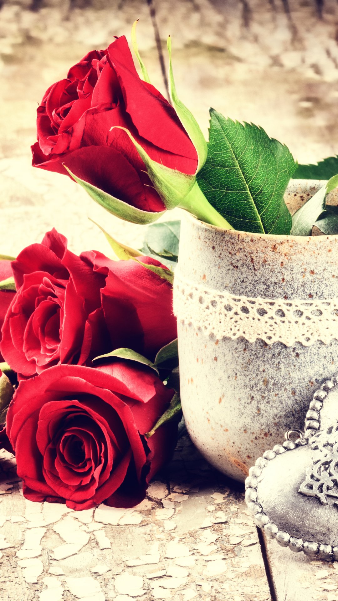 Download Heart Red Rose Rose Cup Holiday Valentine's Day Phone Wallpaper