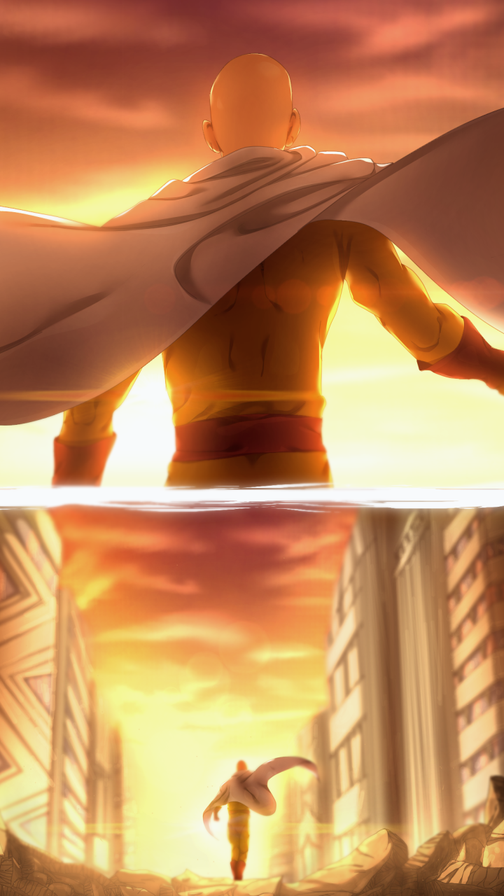 Epic Saitama Sunset – One-Punch Man Anime Phone Wallpaper